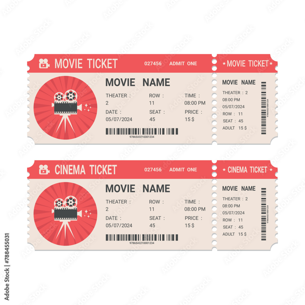 Cinema or movie ticket retro design. Realistic front view. Vintage ...