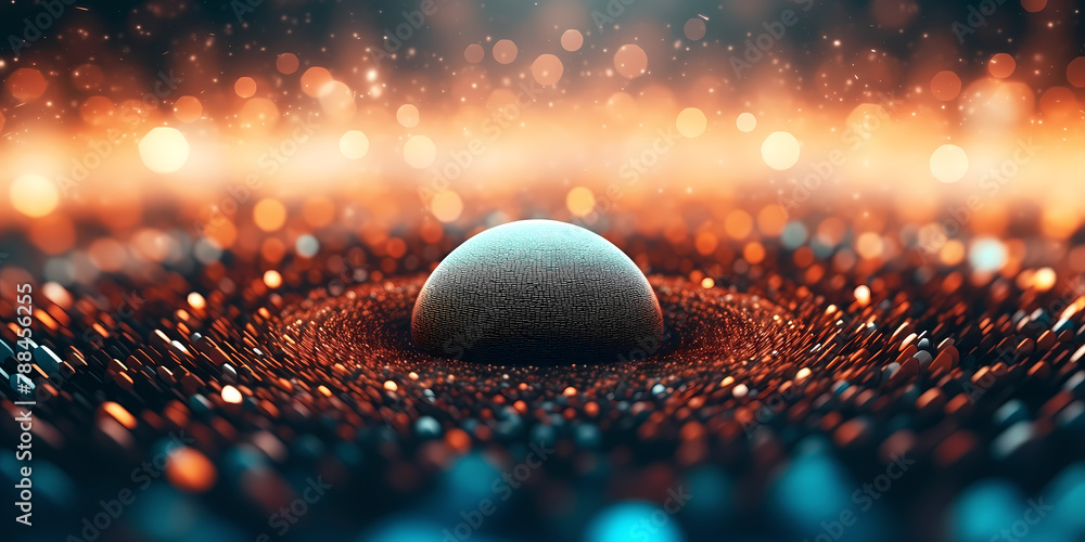 Abstract tech background with digital particles explosion, quantum core and computing network ...
