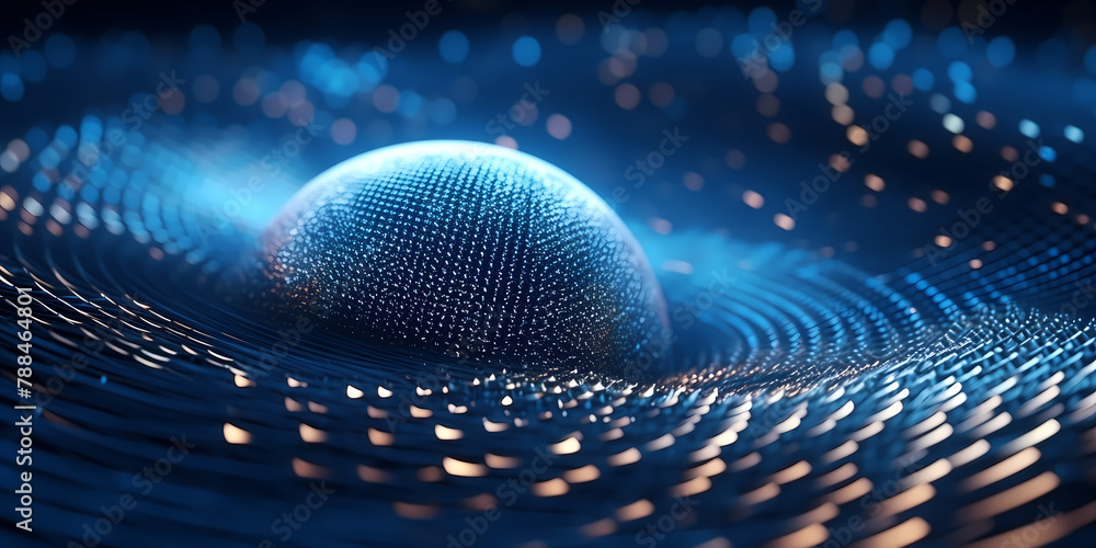 Abstract tech background with digital particles explosion, quantum core and computing network ...