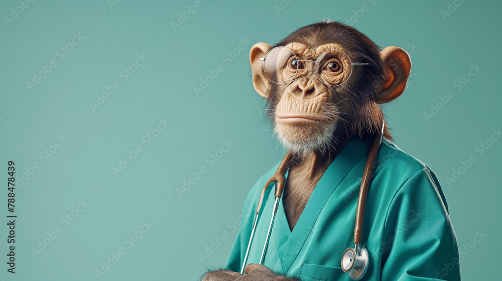 Photo of a chimpanzee with glasses, dressed in doctor's scrubs and a ...