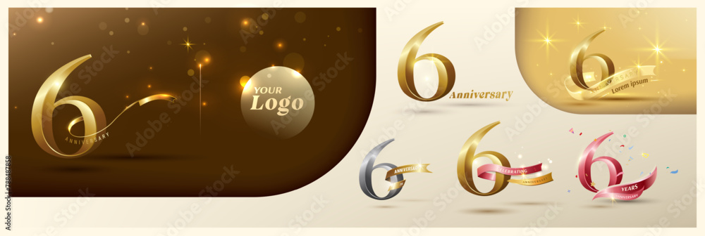 6th anniversary logotype modern gold number with shiny ribbon ...
