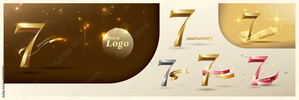 7th anniversary logotype modern gold number with shiny ribbon ...