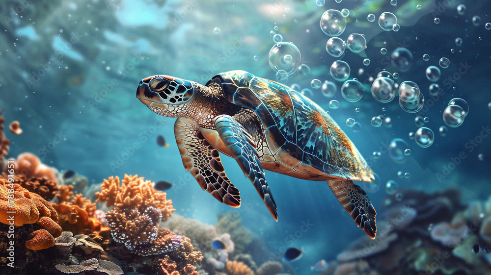 sea turtle swims gracefully among the coral reefs, its journey ...