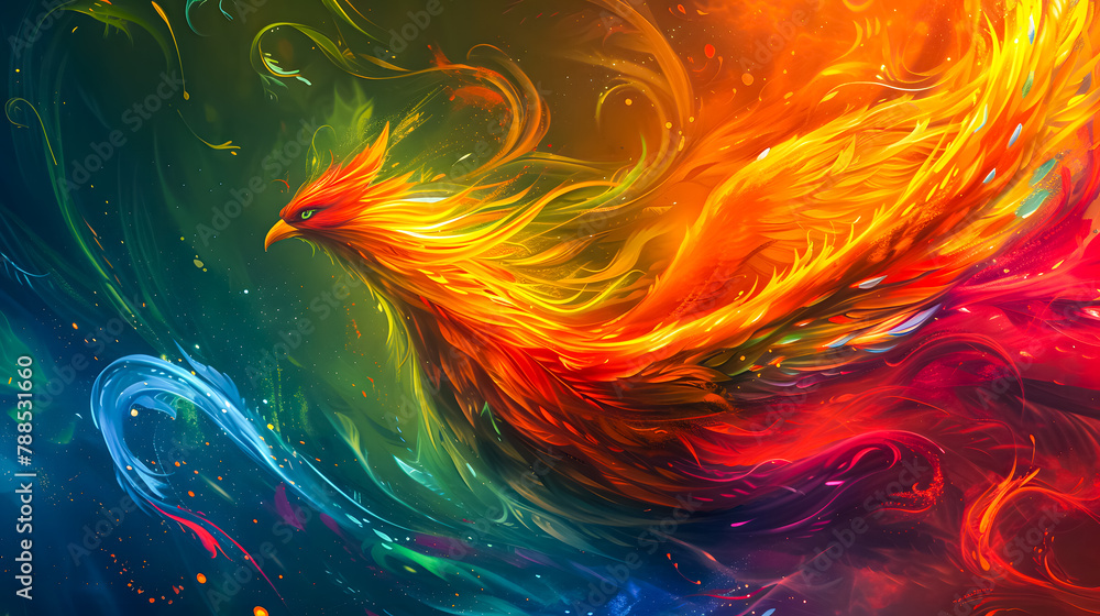 background of a rainbow phoenix bird flying in a sky full of clouds. 3D ...