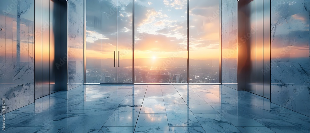 Sunset View from a Marble-Clad Sky-High Elevator. Concept Sunset ...
