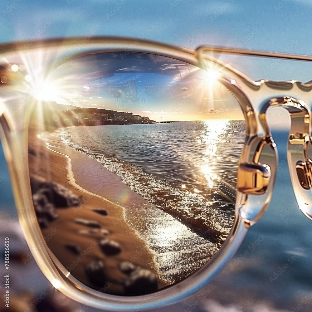 Reflective sunglasses showing the reflection of the hot sun and a beach ...