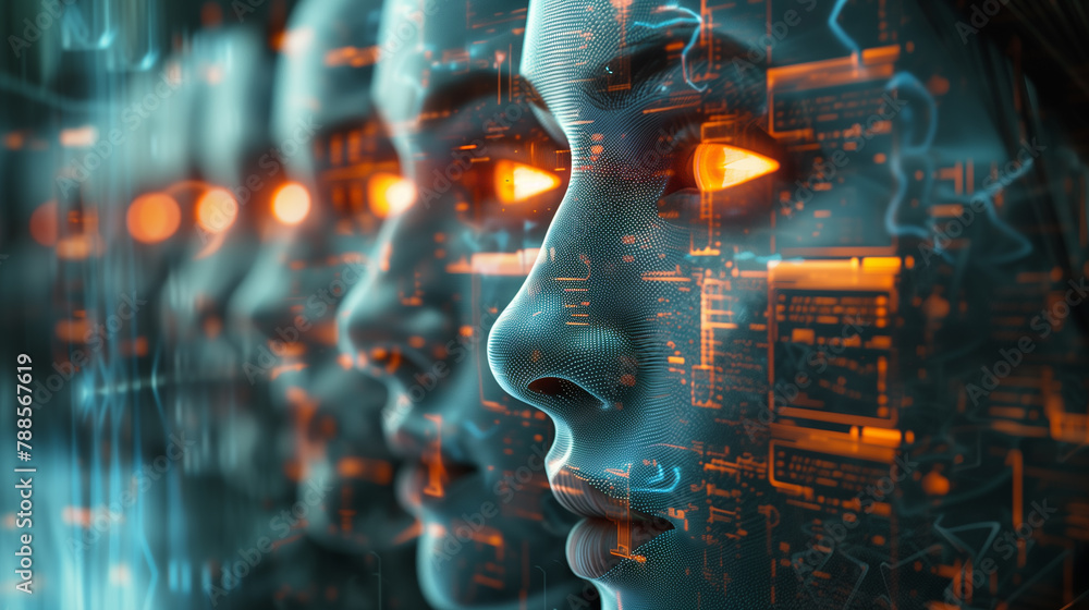 AI-powered facial recognition, deep fakes analyzing facial features in a sea of digital faces ...