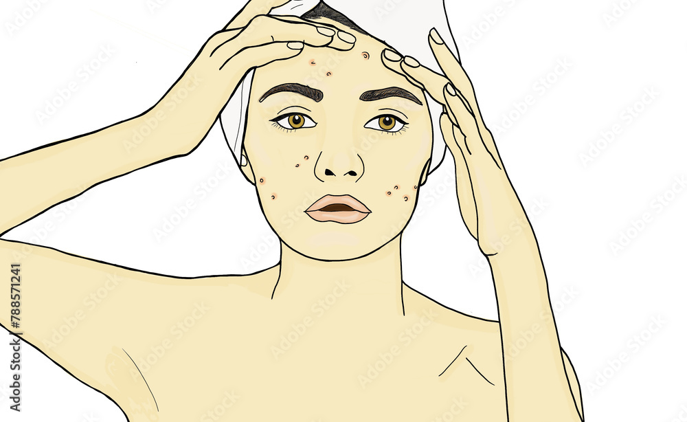 young woman with towel in her hair is looking in front of a mirror ...