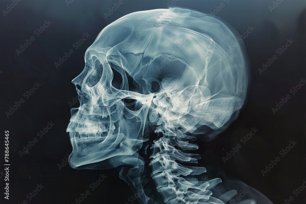 X-ray image of a human skull profile showing detailed anatomy, great ...