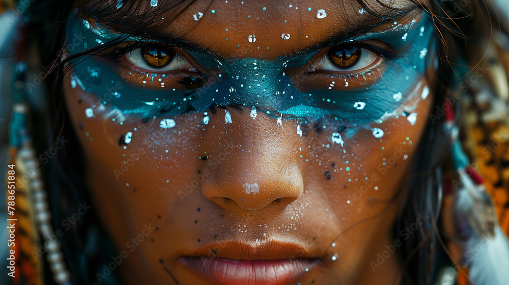 Indigenous person with intricate facial paint and feathered headdress ...