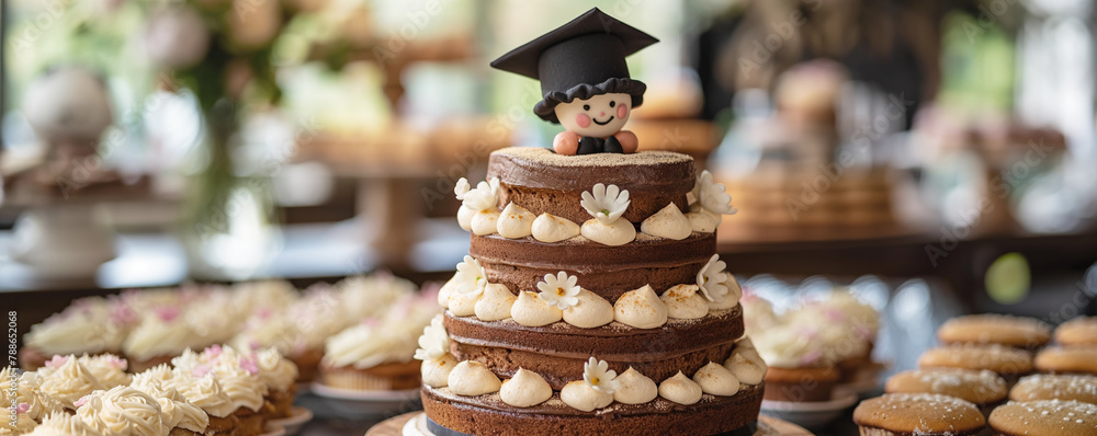 Layered chocolate cake with graduation cap topper, celebration sweets ...