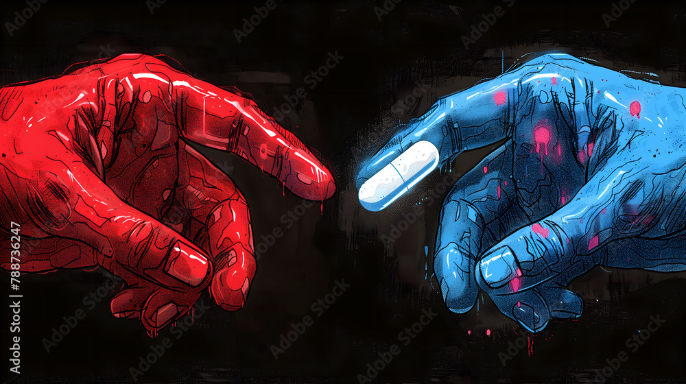 This provocative artwork presents a powerful contrast with stylized red ...