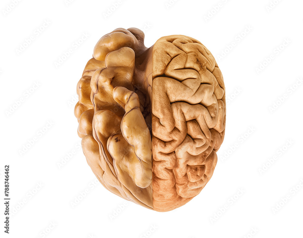 Half walnut and half brain closeup, brain health fatty acids and ...