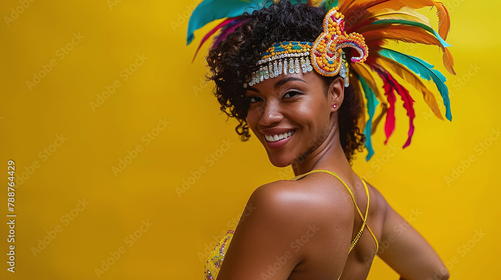 Brazilian samba dancer in costume with feathers. Carnival celebration concept. Design for poster ...