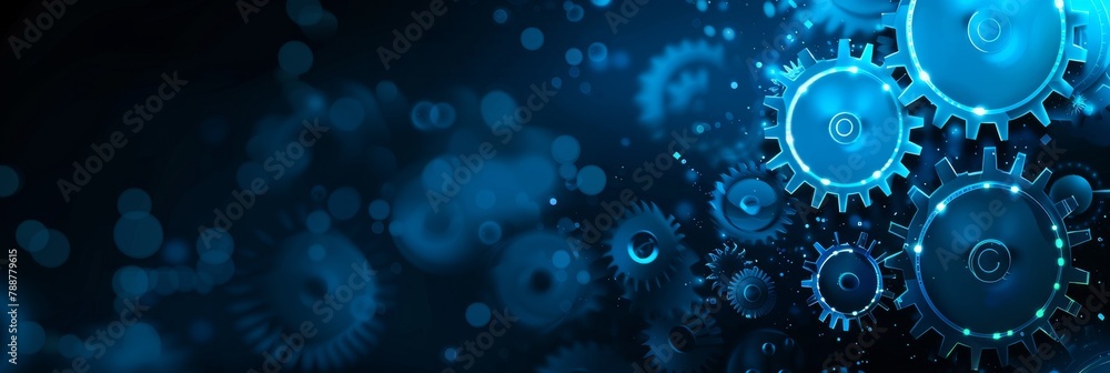 Abstract blue digital technology background with gears and cogs, dark ...