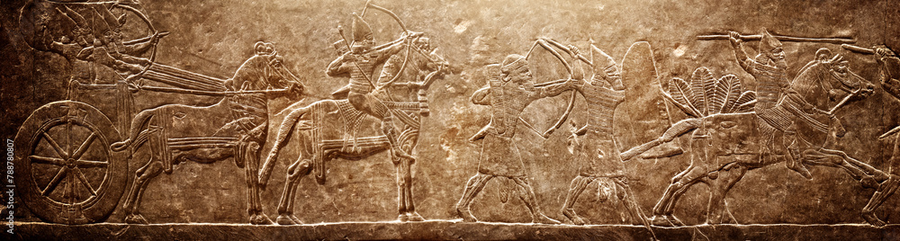 Assyrian relief on the wall. Ancient stone carving from the history of ...