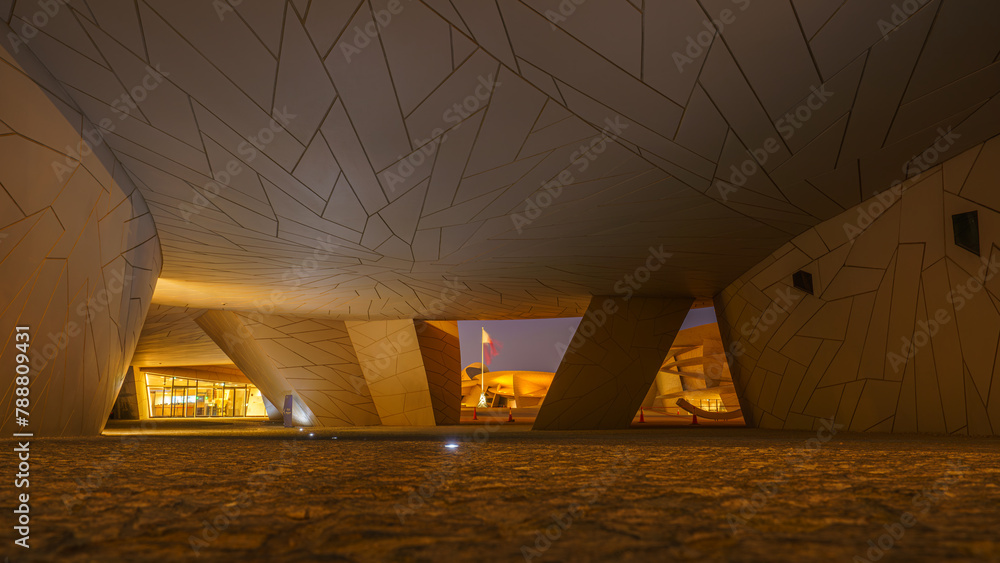 Doha, Qatar - Jan 06 2024, a bottom up view of National Museum of Qatar ...