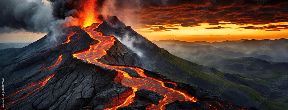 Molten lava flows down a mountain during a dramatic volcanic eruption ...