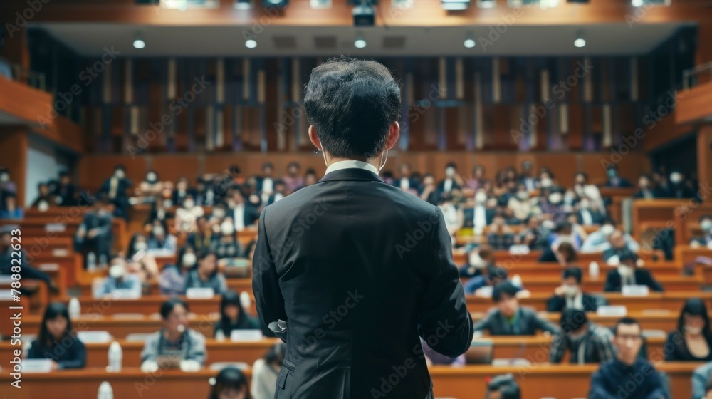 man giving a lecture in a conference room in front of people with a ...