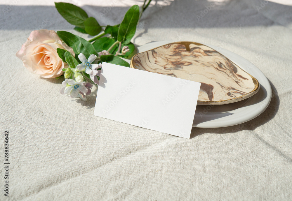 Name Card Mockup with Flower, Plate, Business Card, Stationery, Print ...