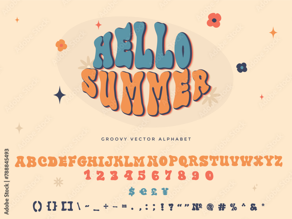 Groovy alphabet letters, numbers and characters. Hello summer lettering ...