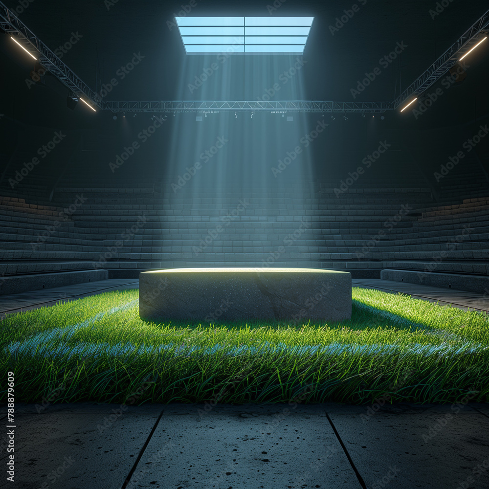 podium in the center of a stadium, surrounded by rows of empty seats ...