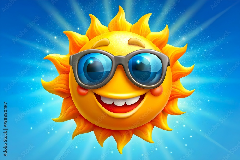 A cute cartoon character of sun wearing sunglass on blue background ...