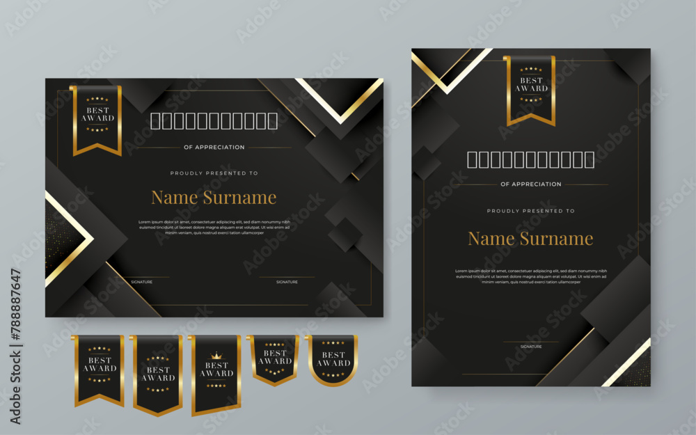 Black and gold modern certificate template with shapes. For corporate ...