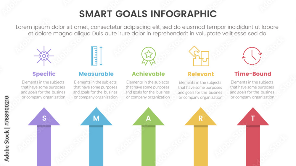 SMART goals setting framework infographic with arrow shape top ...