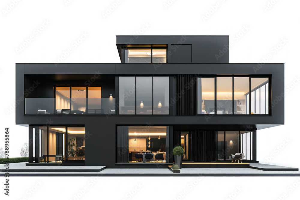 Modern luxury house exterior, black color with white background. 3d ...
