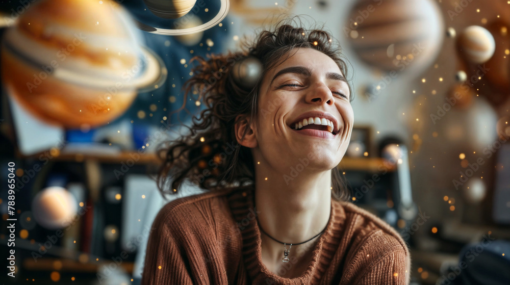 Planets are flying around the young woman in the room. Space system ...