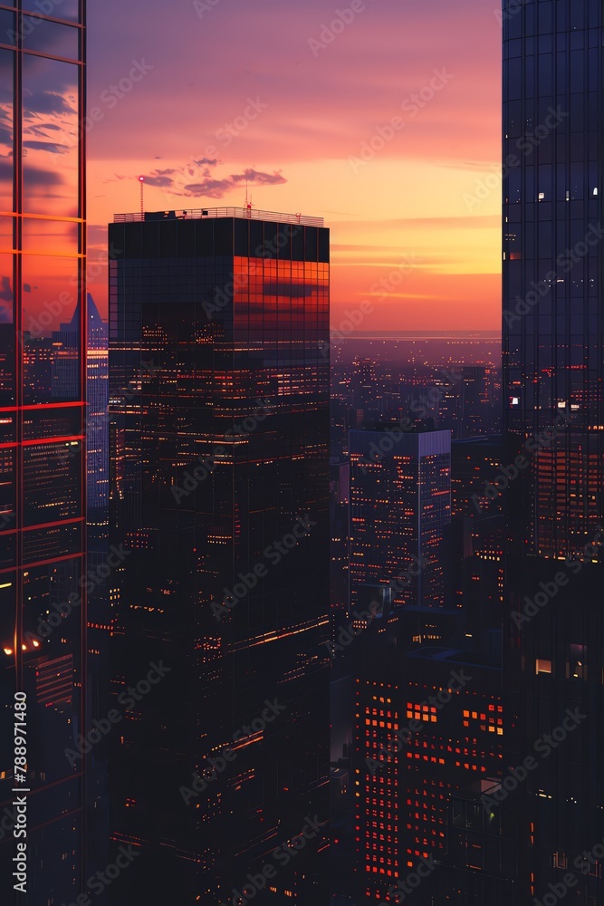 Capture the sleek silhouette of a modern skyscraper at twilight using ...