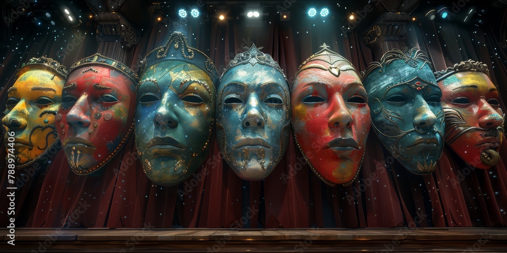 Whimsical face masks as theater masks, expressing different emotions in ...