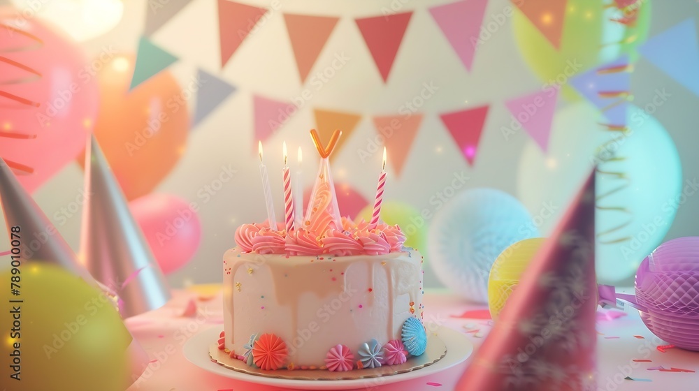 Colorful birthday party background with birthday cake and party hats ...