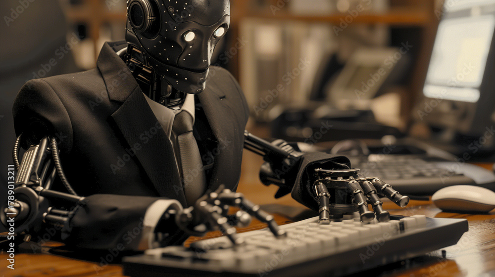 A stressed robot wearing a tiny suit and tie frantically types on a ...