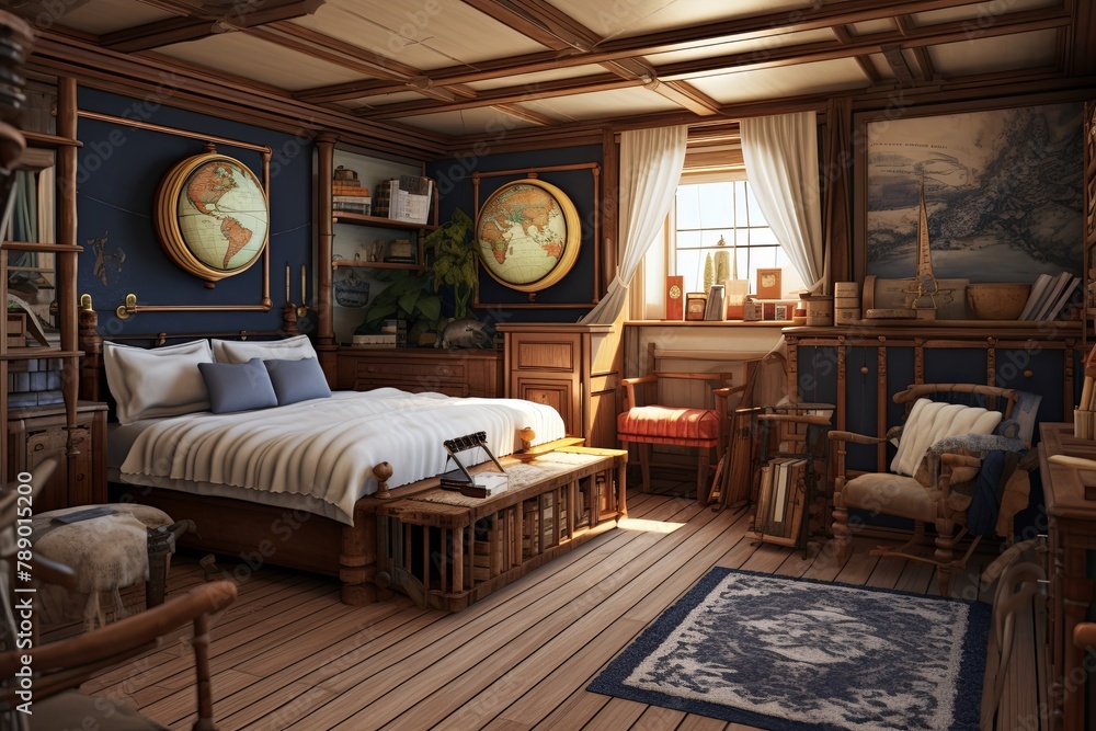 Nautical Ship Captain's Quarters: Nautical Maps, Wooden Floor, Antique ...