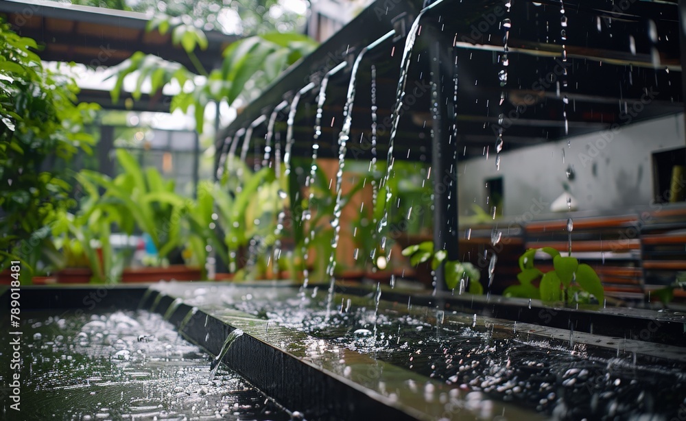 Rainwater harvesting system collecting water during a downpour ...