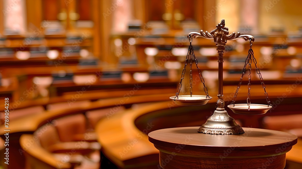 Scales of justice in focus on a courtroom desk. Legal system and law ...