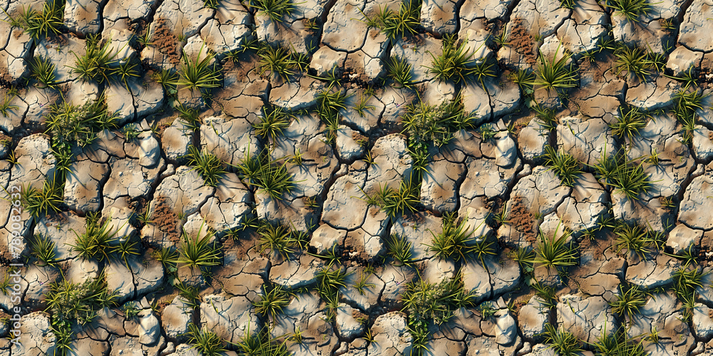 Seamless cracked ground with grass pattern, tileable dry land texture ...