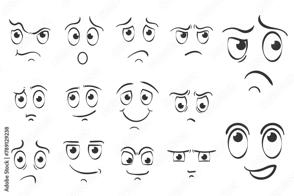 PNG, Different facial expressions in doodle style. Set of cartoon face ...