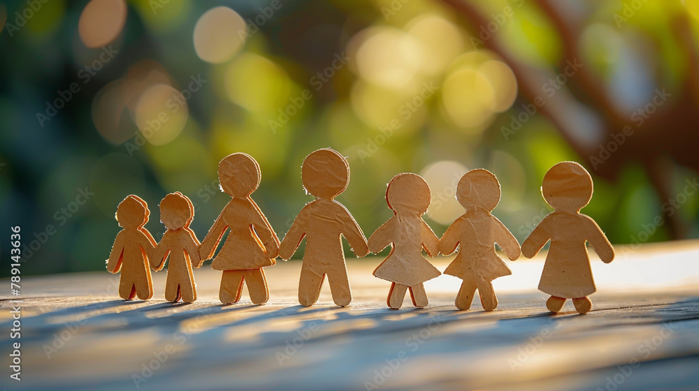 Large family as cardboard figures hand in hand with green background ...