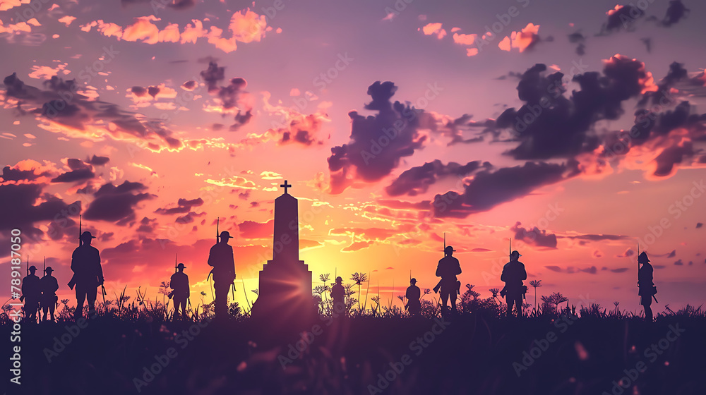 Anzac Day silhouette of soldiers sunset Australian World War One Digger ...
