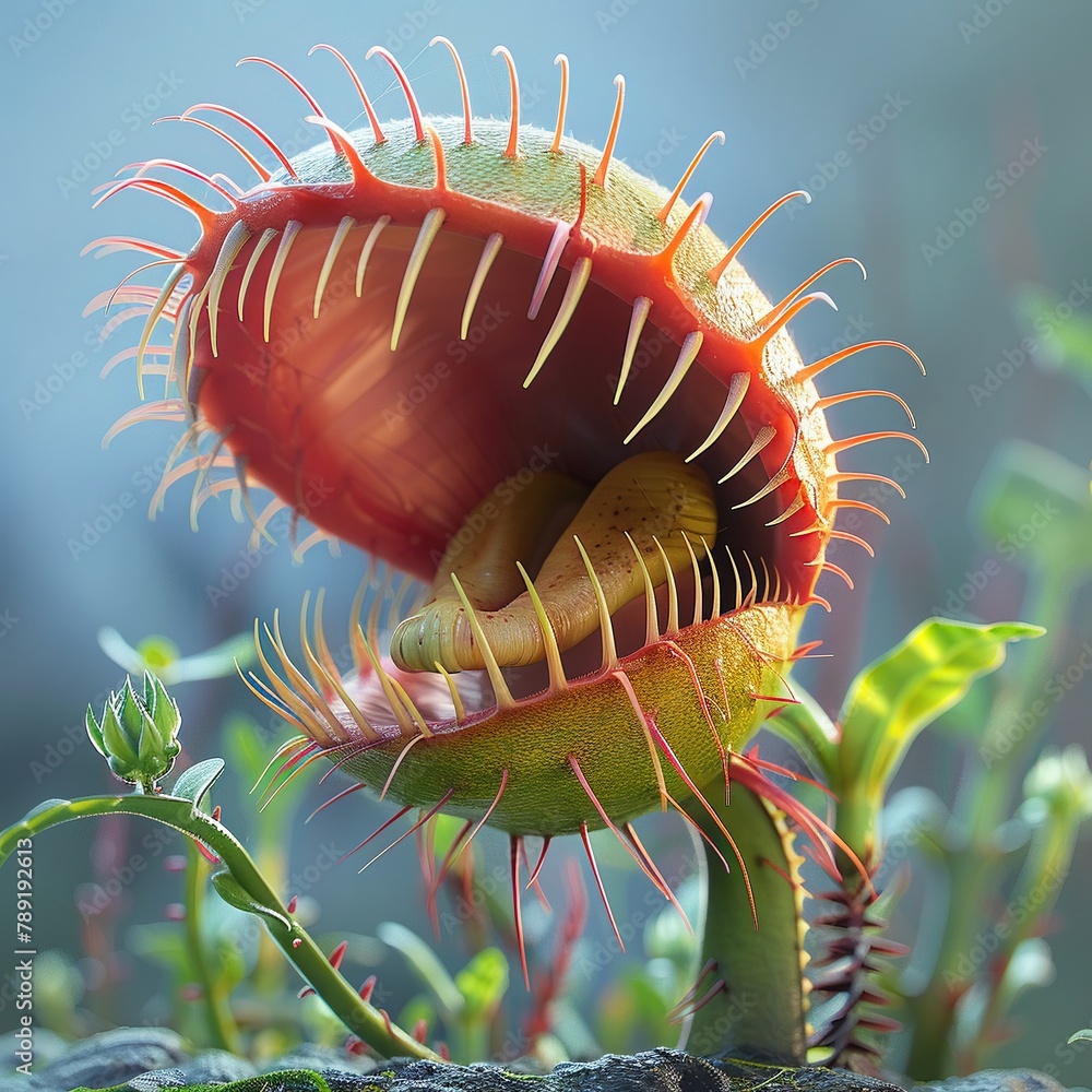 3D Venus flytrap monster mascot, vibrant and detailed, snapping jaws, lively depiction of nature ...