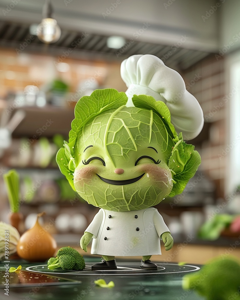 Cute 3D cabbage character, chef attire, cooking up a storm with a ...