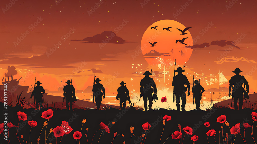 ANZAC, Remembrance Day Celebration.A field of red poppies blooming in ...