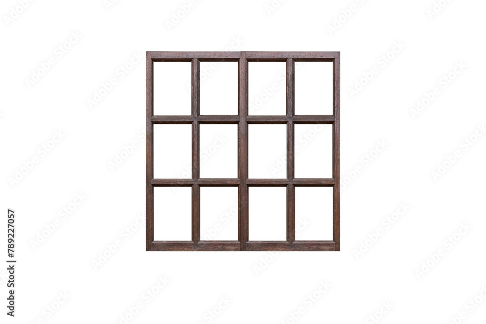 Old dark-colored brown wooden window frame with many sashes isolated on ...