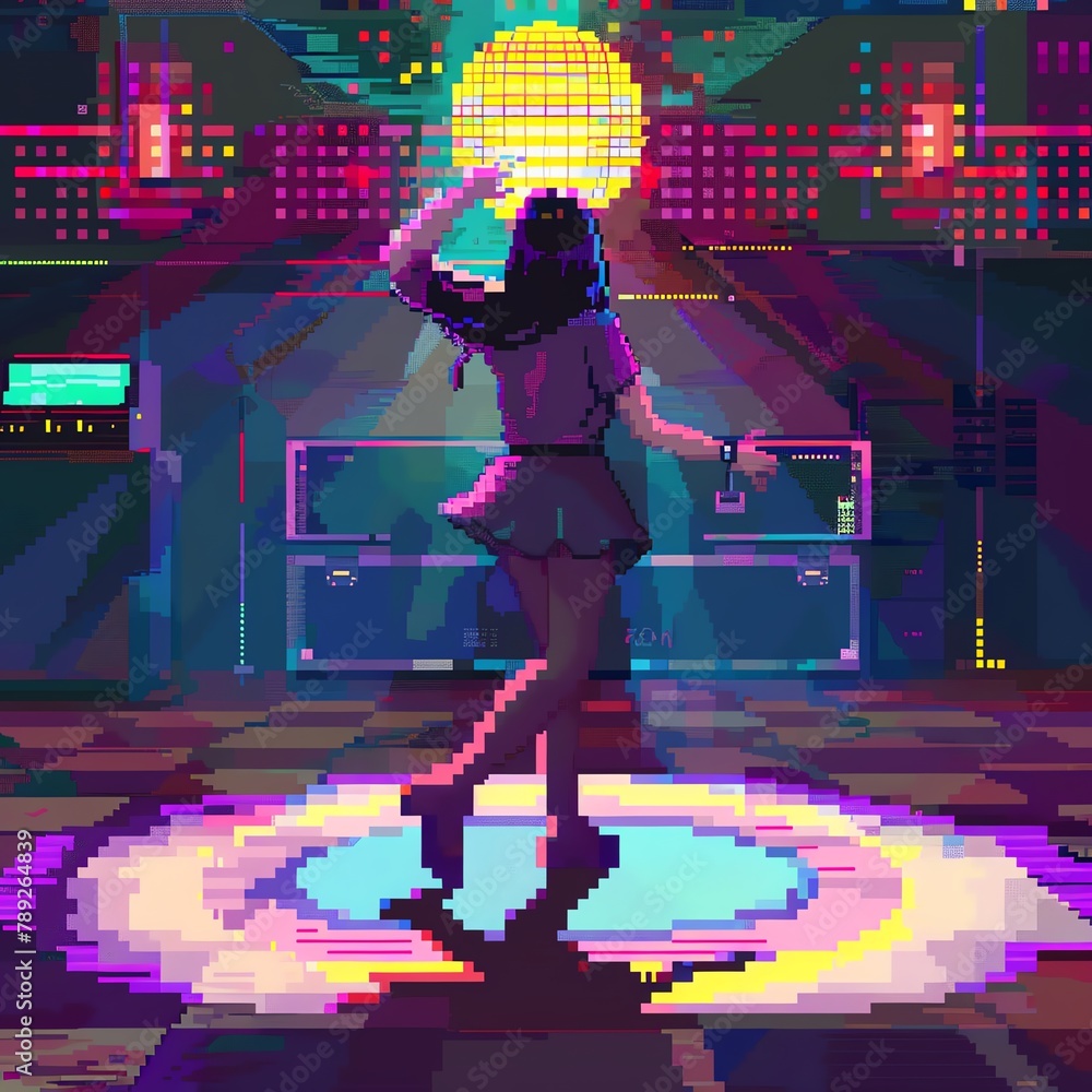 8-bit style pixel art featuring a girl dancing in a retro disco with ...