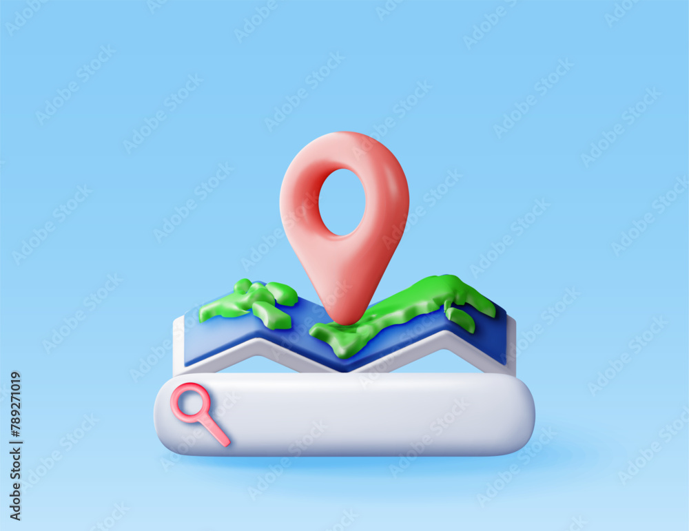3D location folded paper map, search bar and pin isolated. Red GPS ...
