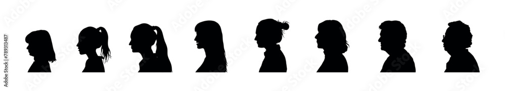 Female human life cycle from child to elderly life stages face side ...