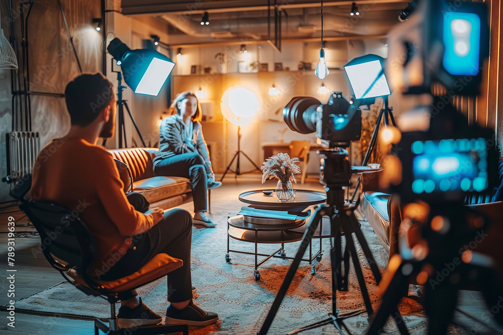 Behind the scenes of a cozy indoor video shoot with professional ...